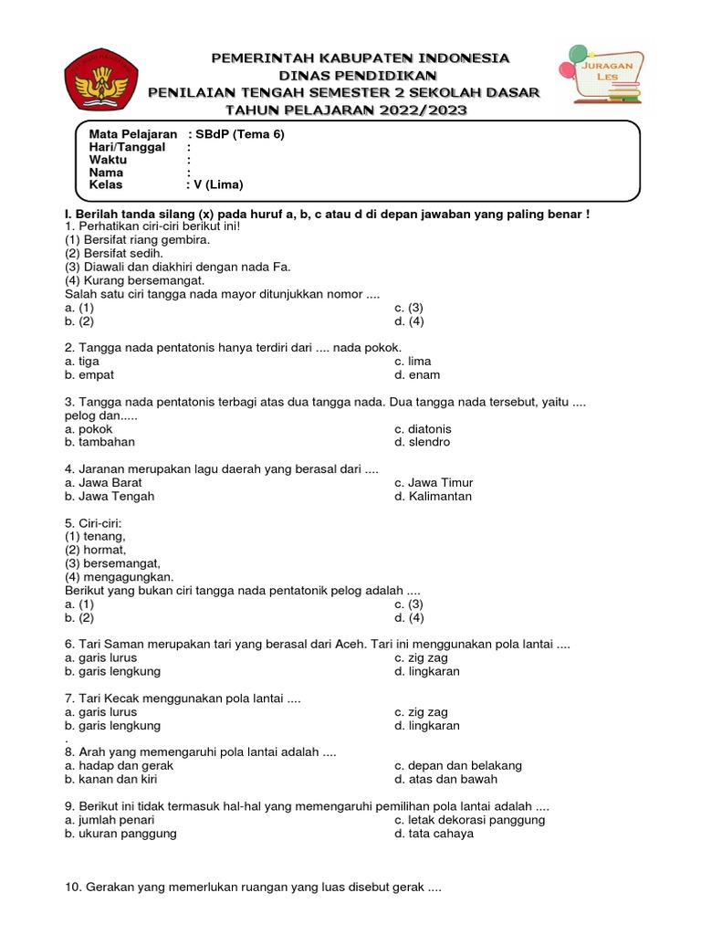 Soal Tema 6 Kelas 5 Semester 2 T.A 2022-2023 Mapel SBDP | PDF