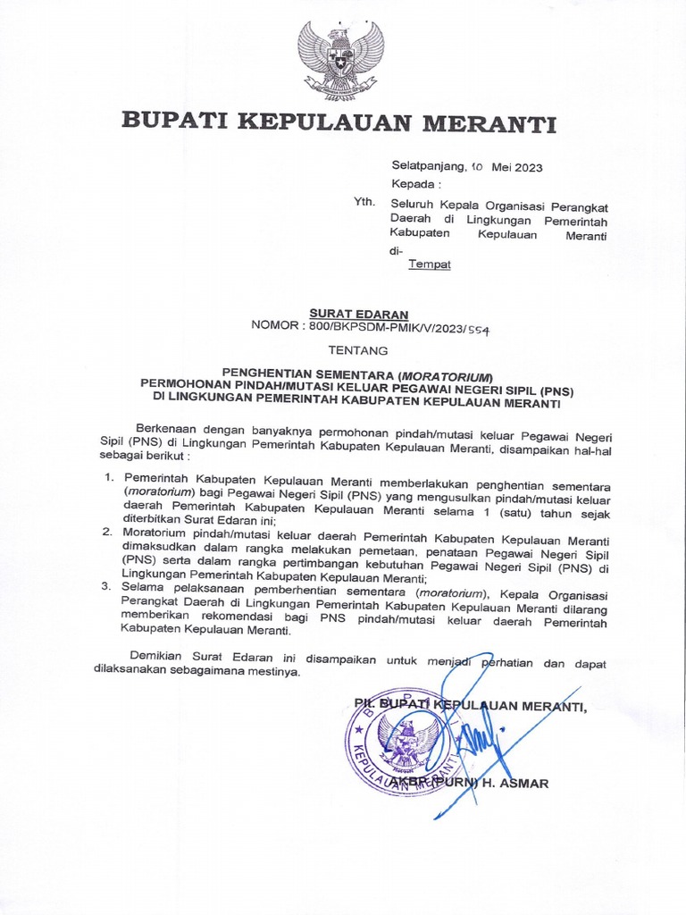 Surat Edaran Tentang Penghentian Sementara Moratorium Permohonan