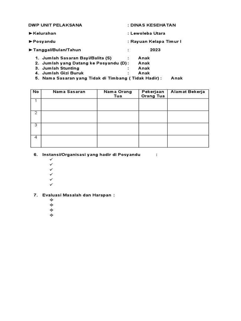 Format Laporan Pembinaan Posyandu RKT 1 Maret 2023 | PDF