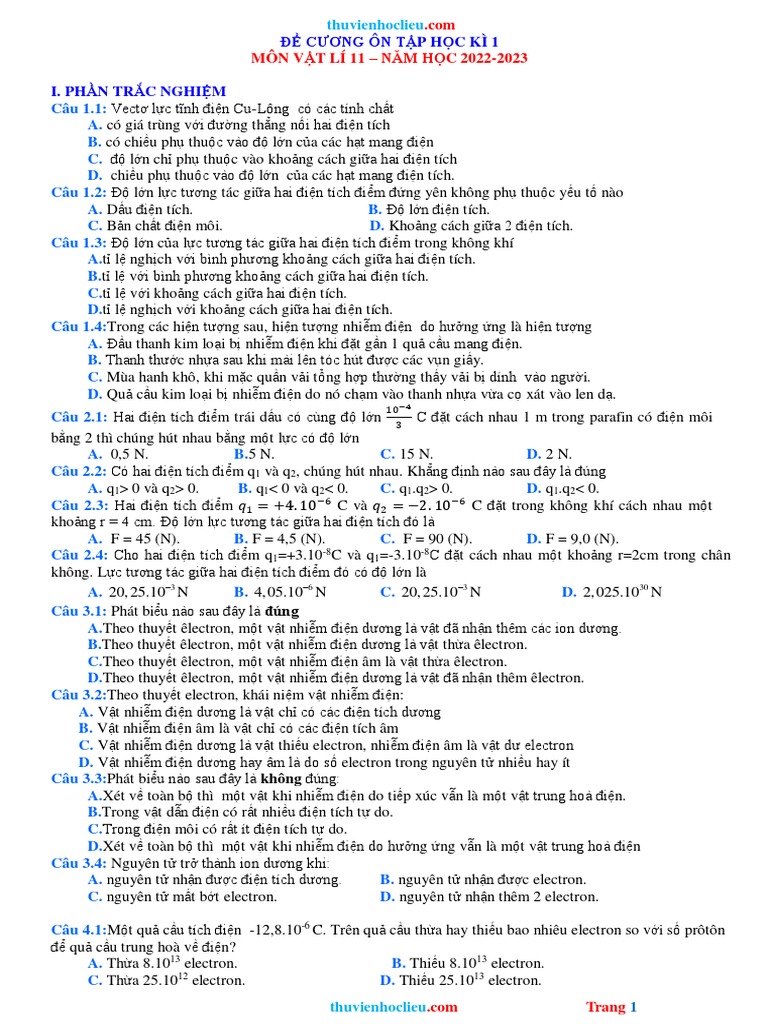 De Cuong On Tap Vat Li 11 HK1 Nam 2022 2023 | PDF