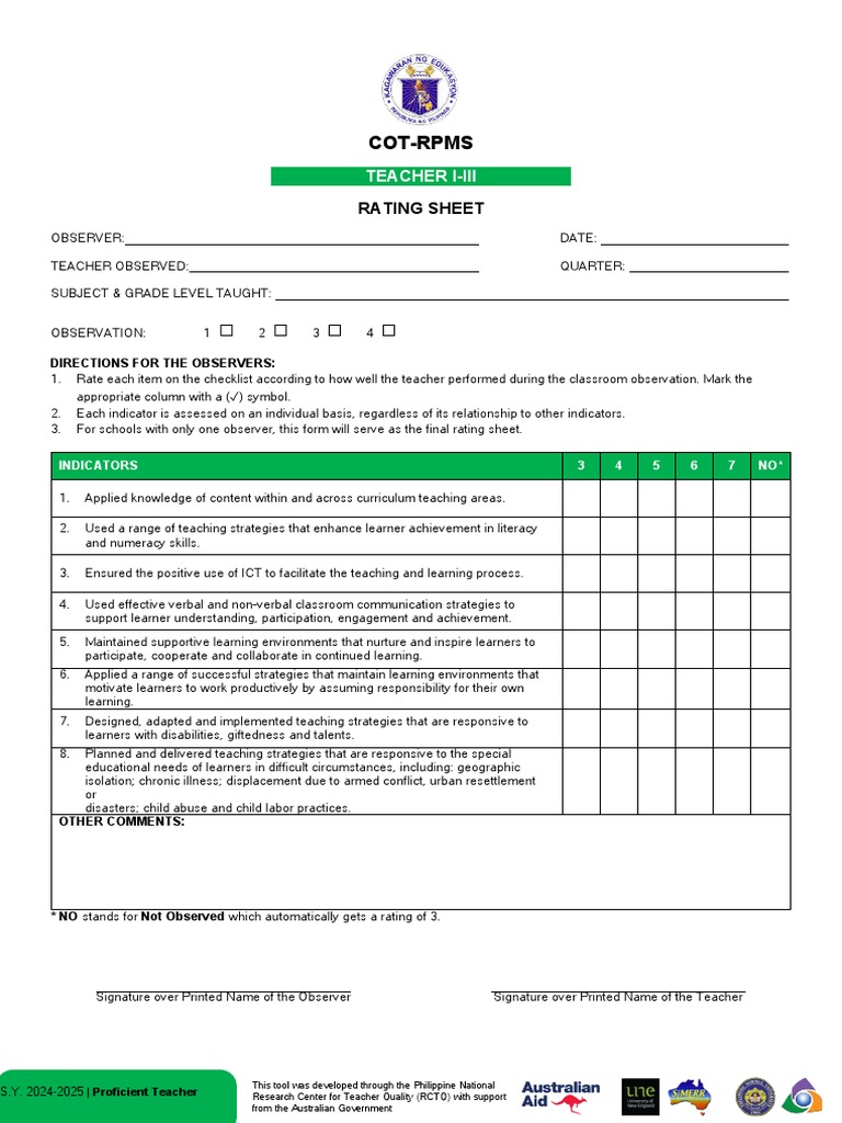 COT Rating Sheet 2024-2025 | PDF | Learning | Teachers