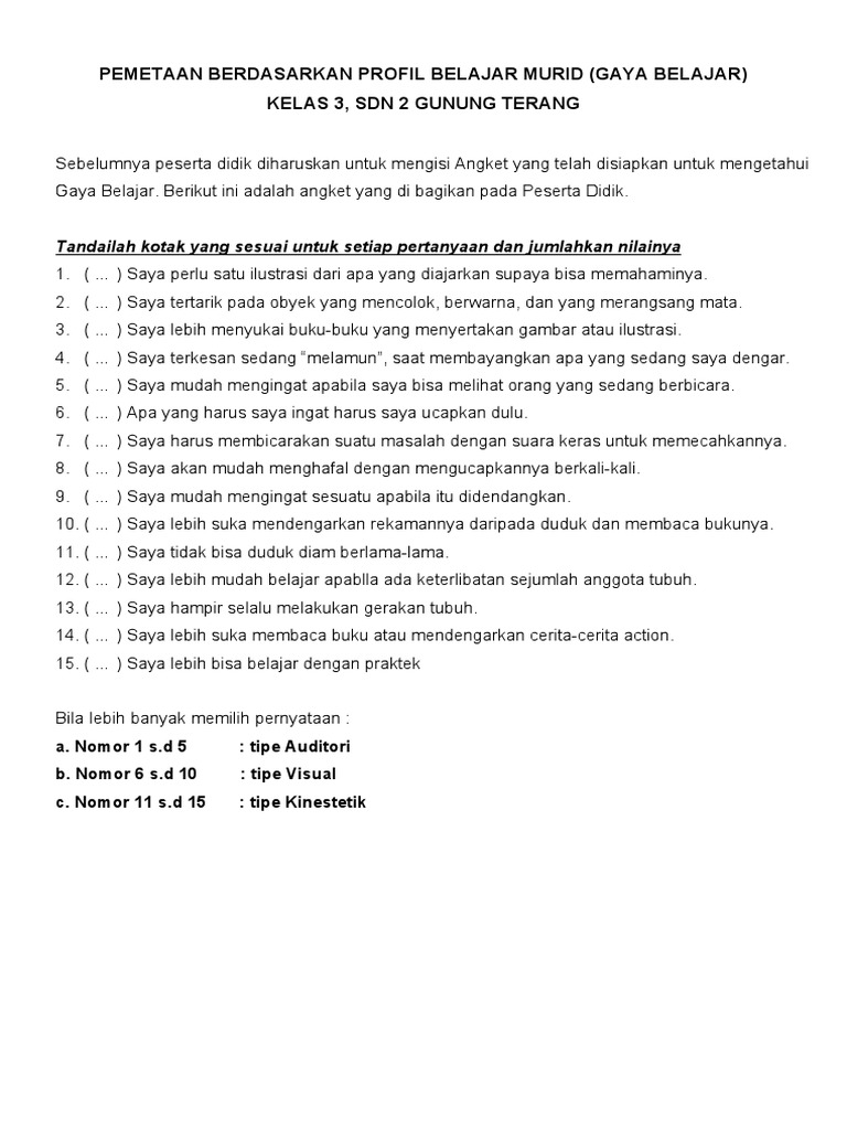 Pemetaan Berdasarkan Profil Belajar Murid (Gaya Belajar) Kelas 3, SDN 2 Gunung Terang | PDF ...