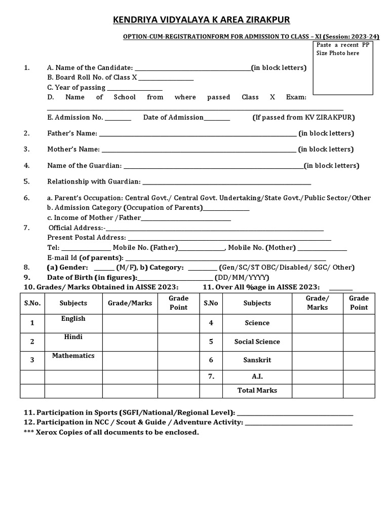 New Registeration Cum Option Form (2023-24) | PDF