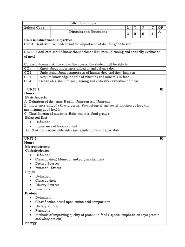 Dietetics and Nutrition Course Overview | PDF | Nutrients | Diet ...