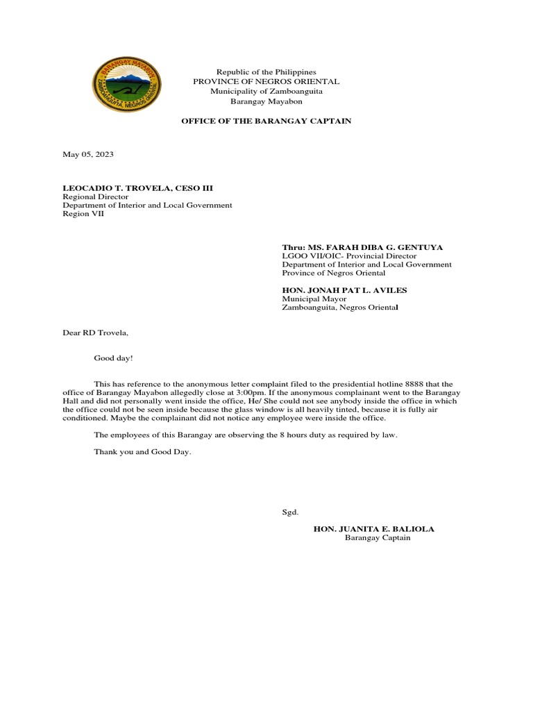 Barangay Mayabon Response Letter (1) | PDF