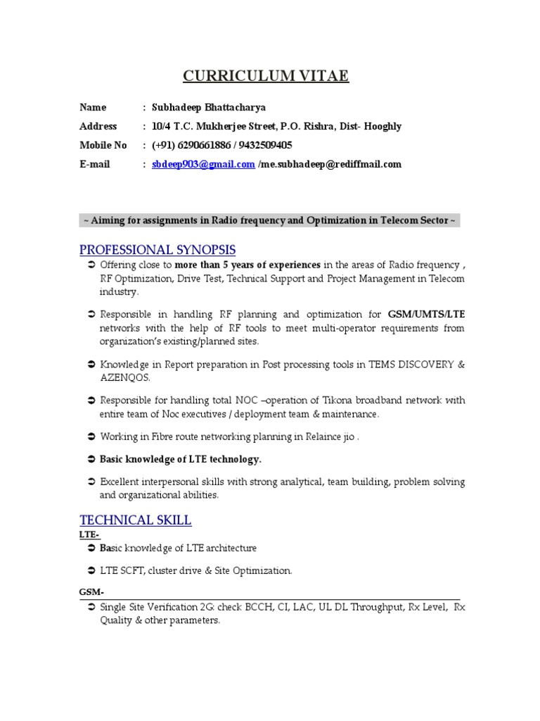 Subhadeep Bhattacharya Rf Cv Pdf Lte Telecommunication Wireless
