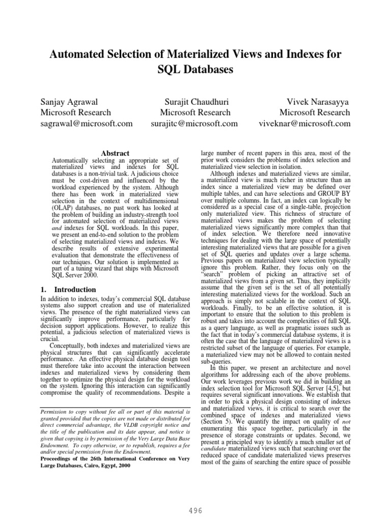 Automated Selection of Materialized Views and Indexes For SQL Databases | PDF | Database Index ...