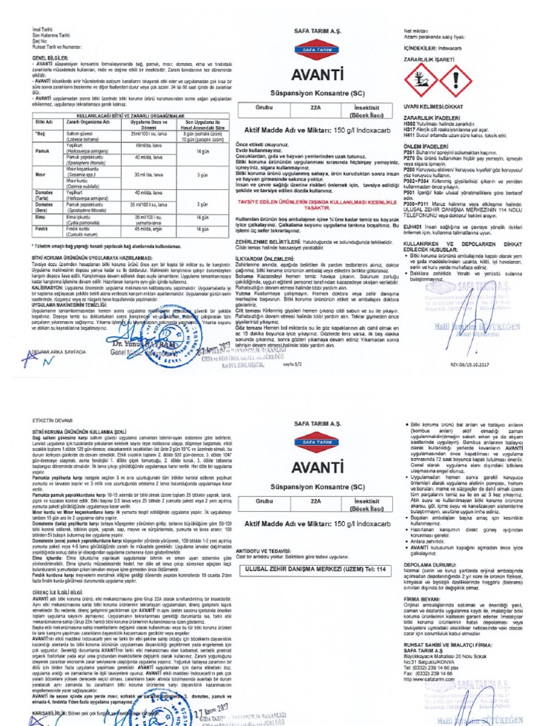 Safa Tarım-Indoxacarb-Avanti-Label | PDF
