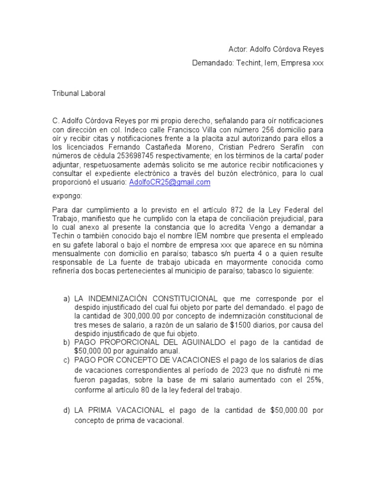 Demanda Laboral Por Despido Injustificado | PDF | Gobierno | Justicia