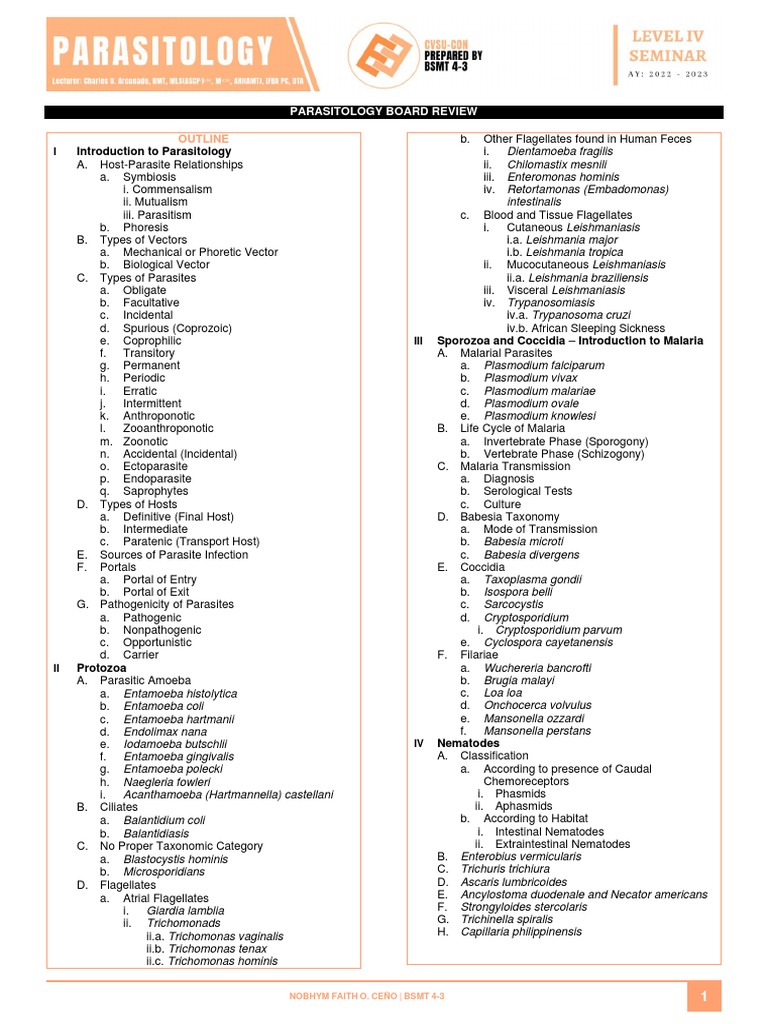 Parasitology Review for BSMT Students | PDF | Parasitism | Staining
