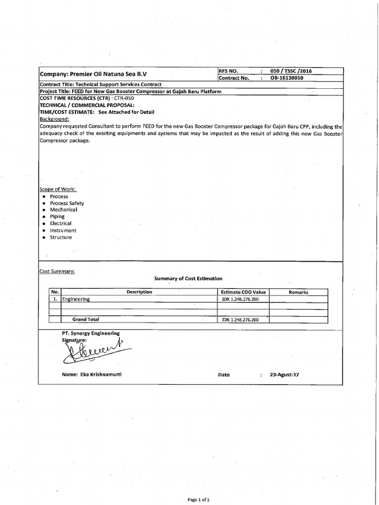 Approved CTR 050-FEED for New Gas Booster Compressor at GB PL | PDF