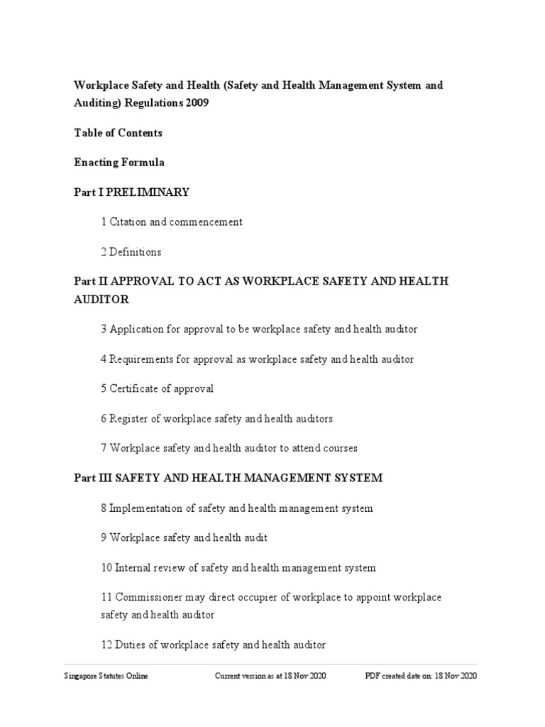Workplace Safety and Health (Safety and Health Management System and Auditing) Regulations 2009 ...