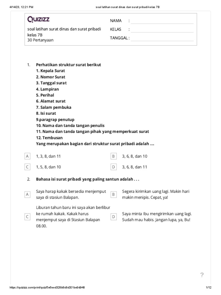Soal Latihan Surat Dinas Dan Surat Pribadi Kelas 7B | PDF