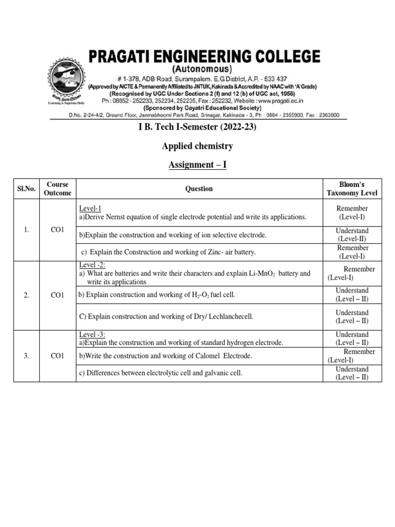 I B. Tech I-Semester (2022-23) Applied Chemistry Assignment - I | Download Free PDF | Nature ...