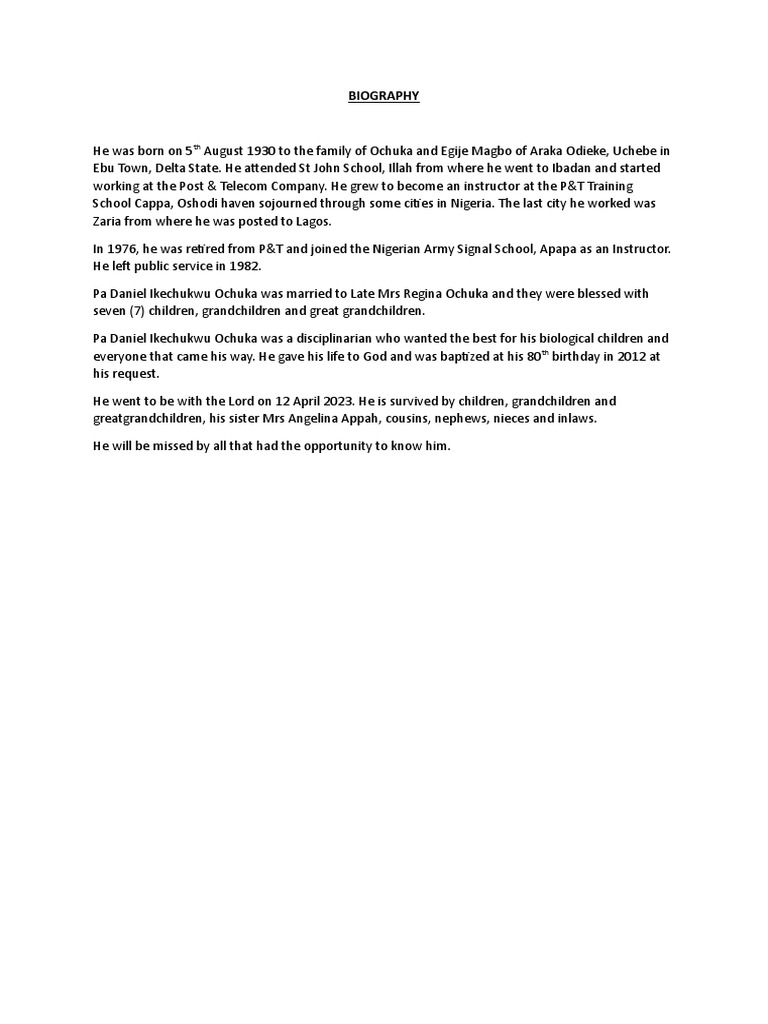 Pa Ikechukwu Ochuka Biography | PDF