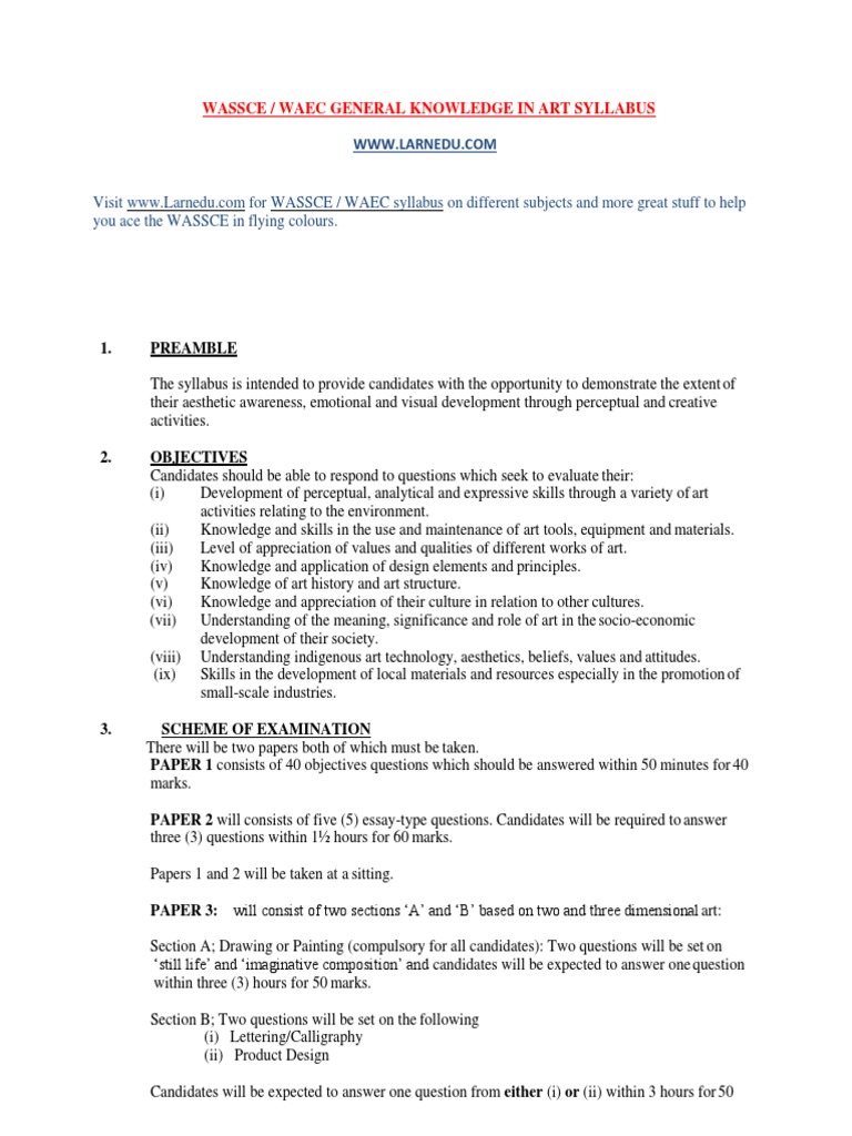 WASSCE WAEC General Knowledge in Art Syllabus | PDF | Drawing | The Arts