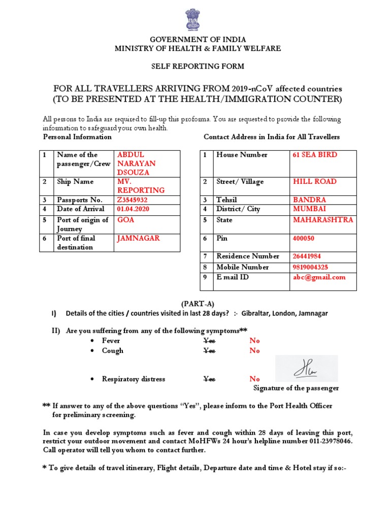 SELF REPORTING FORM for Crew - Example (1) | PDF