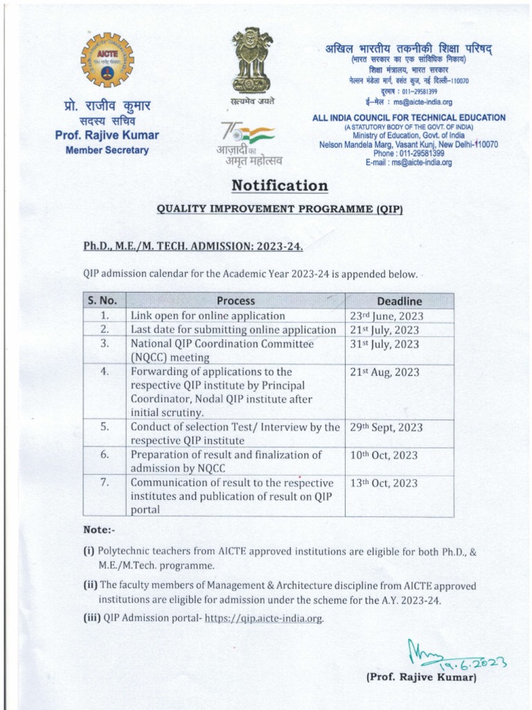 Notification QIP Admission AY 2023 24 | PDF | Vocational Education ...