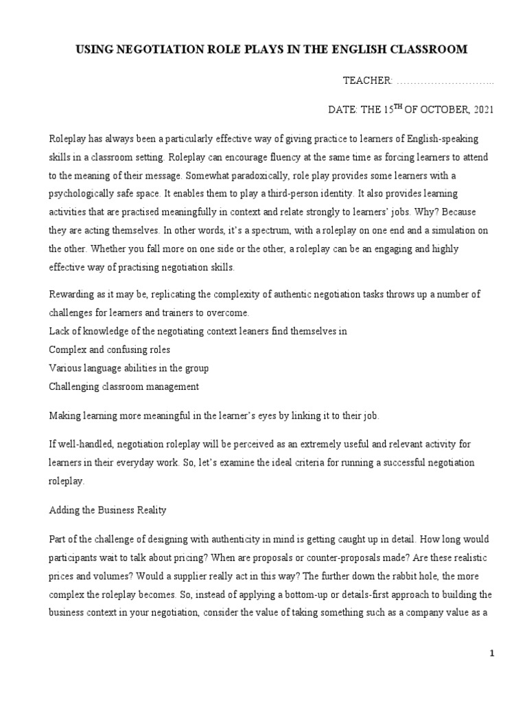 Using Negotiation Role Plays in The English Classroom | PDF | Learning ...