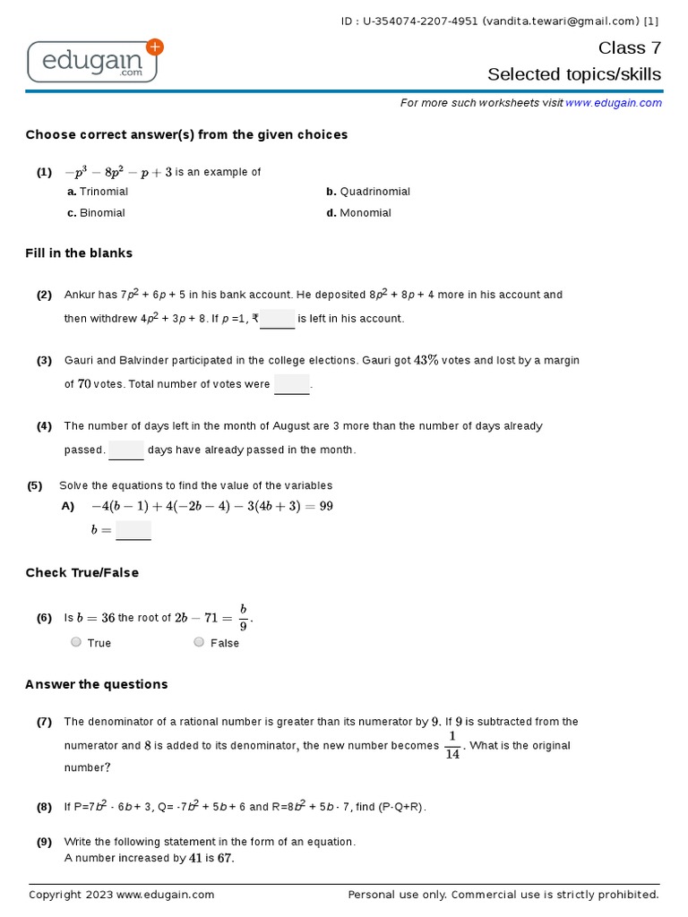 Class 7 Selected Topics/skills: Choose Correct Answer(s) From The Given Choices | PDF ...