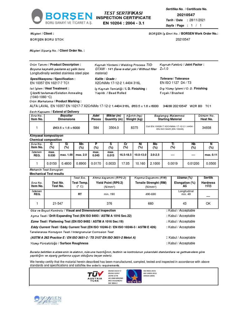 Inspection Certificate EN 10204: 2004 - 3.1: Test Sertifikasi | PDF