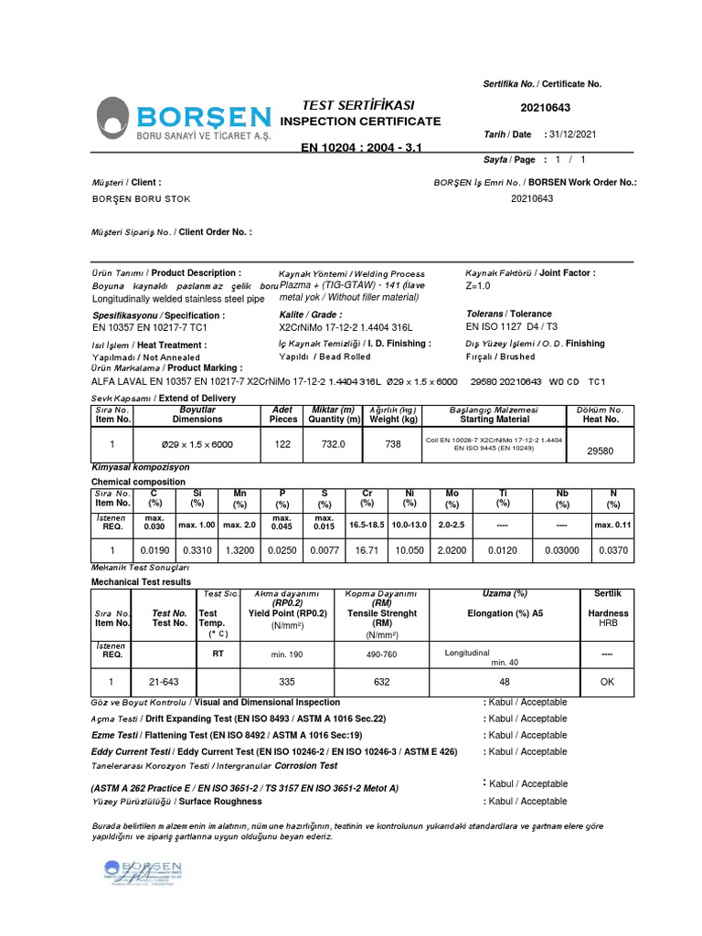 Inspection Certificate EN 10204: 2004 - 3.1: Test Sertifikasi | PDF