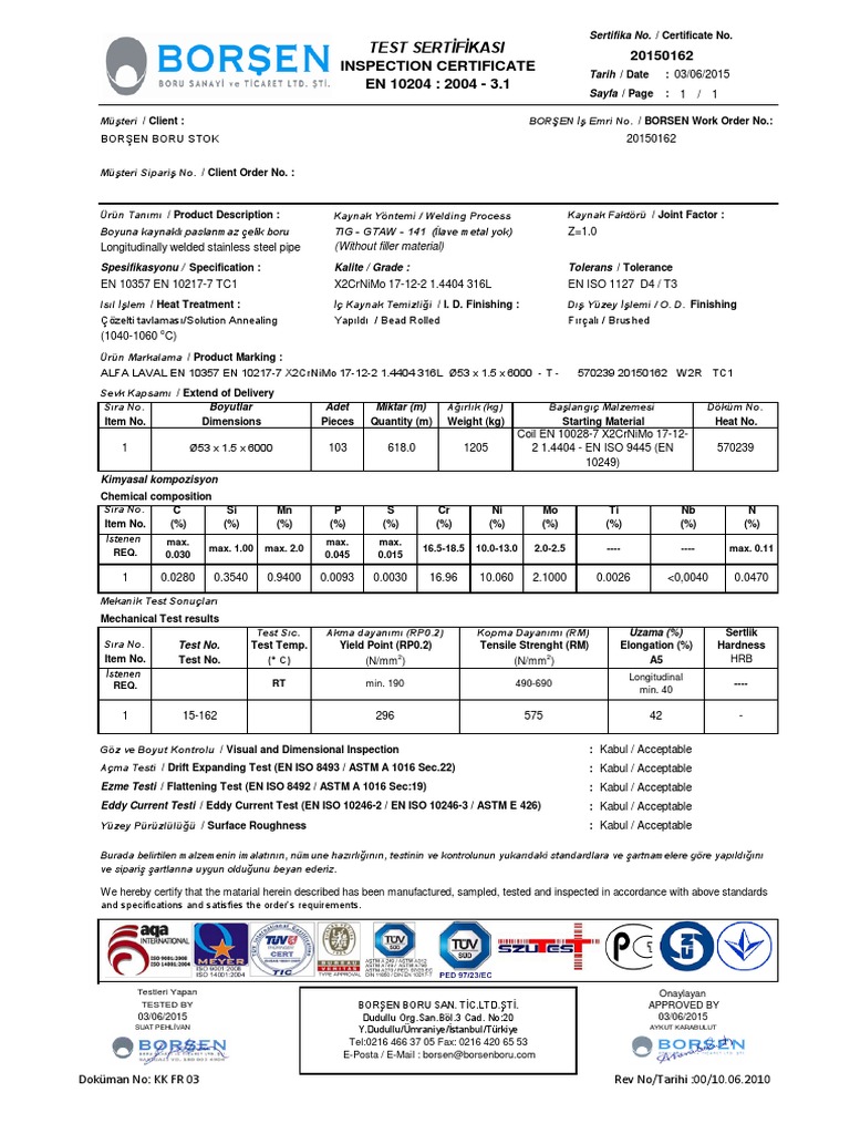 EN 10204: 2004 - 3.1 Inspection Certificate: Test Sertifikasi | PDF