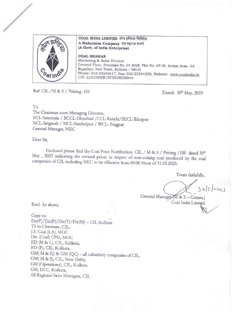 CIL Coal Price List 31 May Onwards | PDF