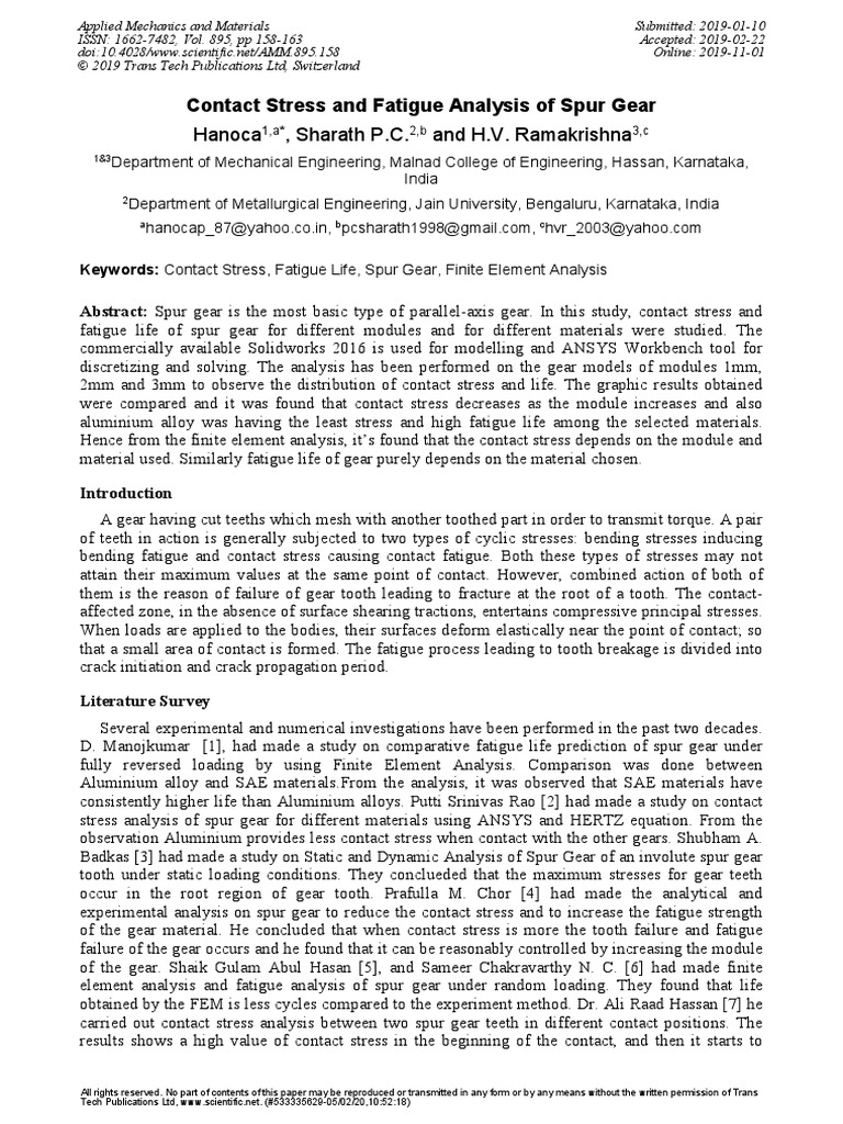 Contact Stress and Fatigue Analysis of Spur Gear | PDF | Gear | Stress ...