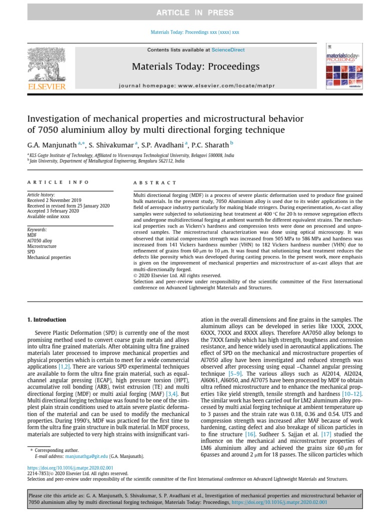 Investigation of Mechanical Properties and Microstructural Behavior of 7050 Aluminium Alloy by ...