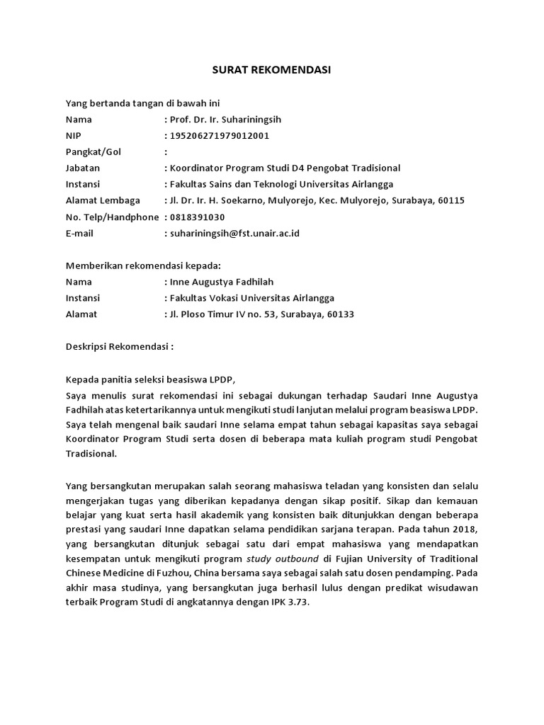 Surat Rekomendasi Lpdp 2021 | PDF