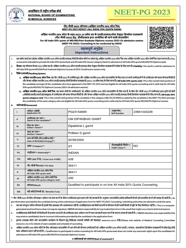 Neet PG Score Card | PDF