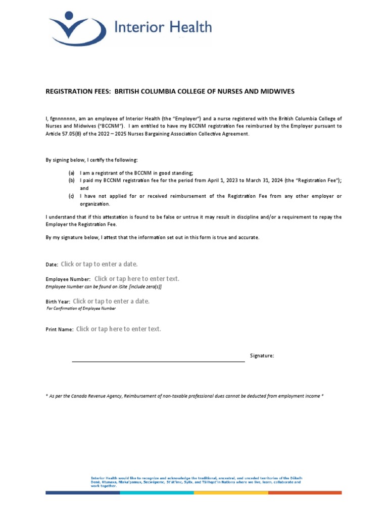 Attestation - BCCNM Registration Fees - 2023 | PDF