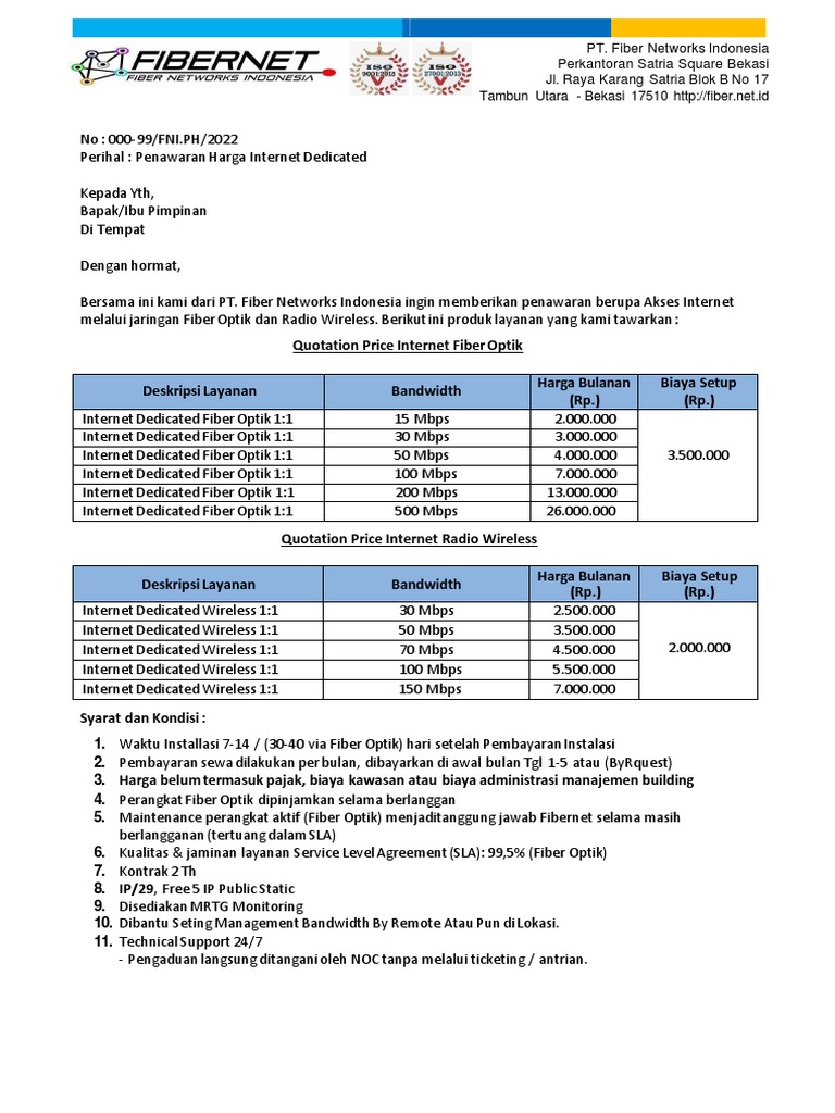 Penawaran Internet Fibernet FO Dan Wireless (Iwan) | PDF