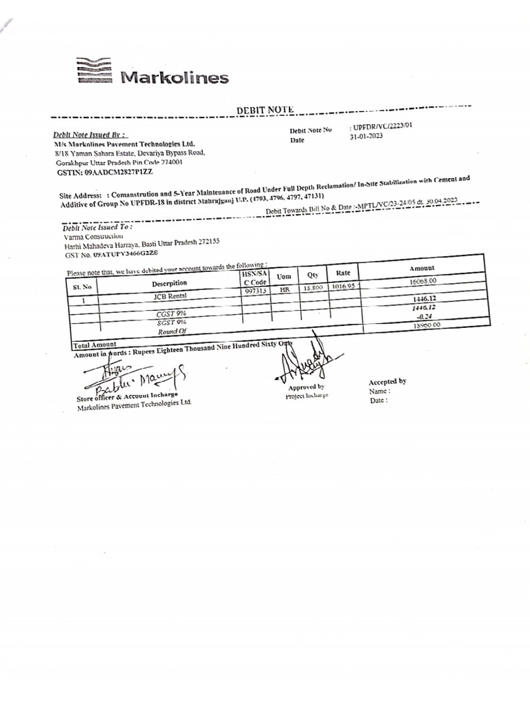 Debit Note - Rental of JCB | PDF
