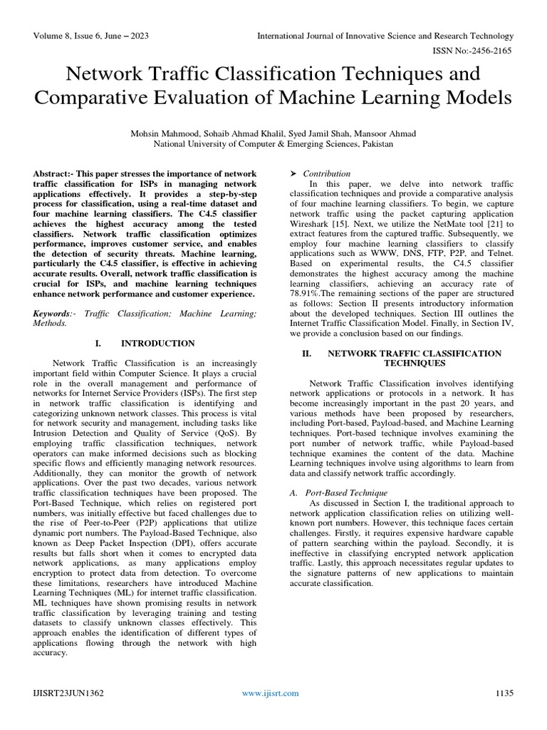 Network Traffic Classification Techniques And Comparative Evaluation Of Machine Learning Models