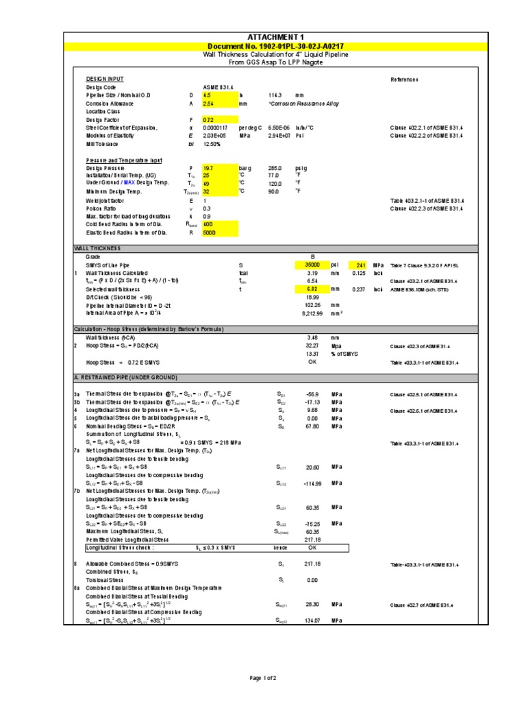 ASME B31.4-Wall Thickness Cal | PDF | Pipe (Fluid Conveyance) | Stress (Mechanics)