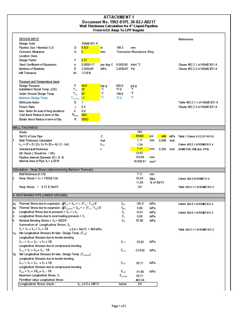 ASME B31.4 Wall Thickness Calculation | PDF | Stress (Mechanics) | Pipe ...