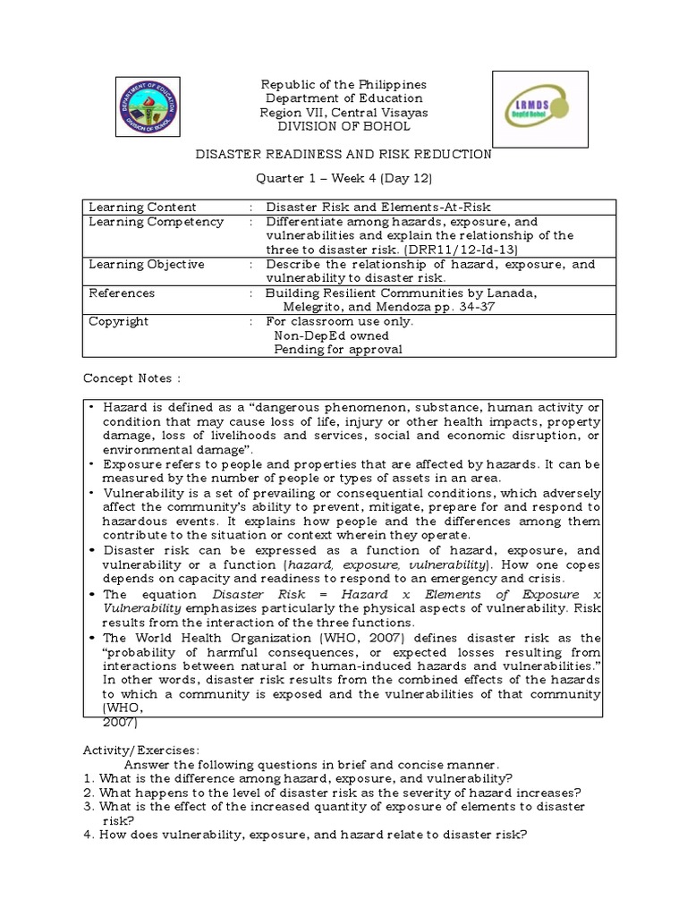 DRRR Q1 Las WK4 Day12 | PDF | Hazards | Vulnerability