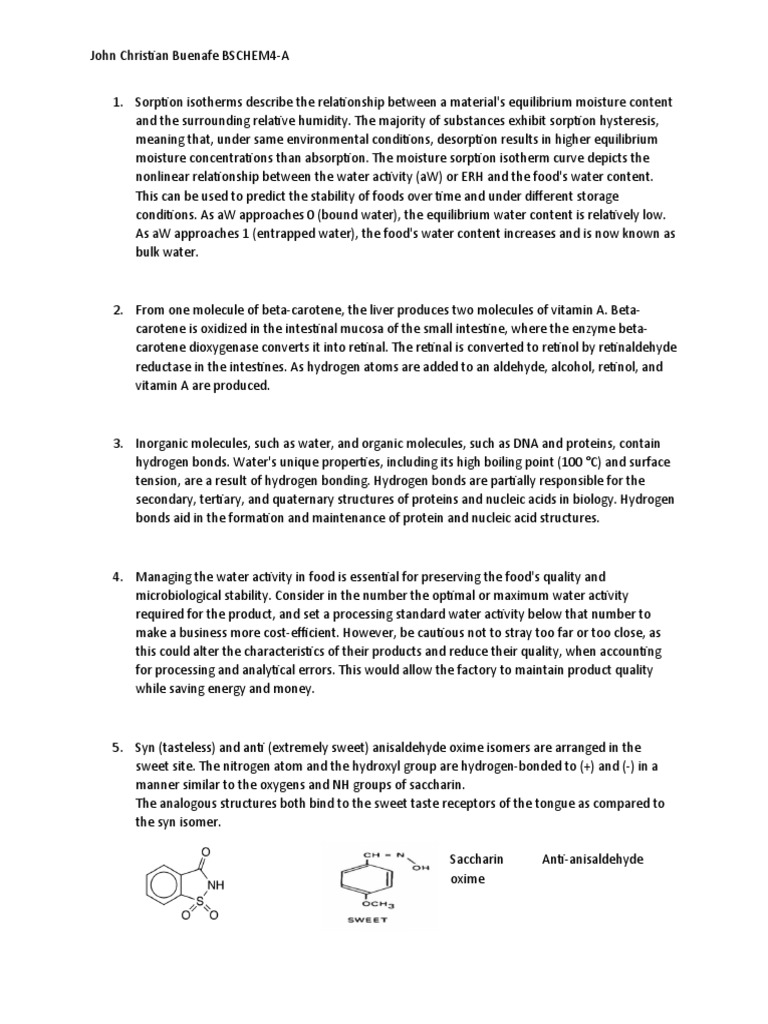 Buenafe JC FoodChem Week 11 To 13 | PDF | Water | Retinal