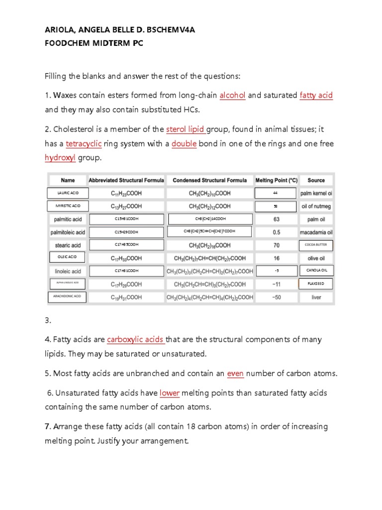 Ariola Bschem4a Foodchempc Midterm | PDF | Fatty Acid | Diet & Nutrition