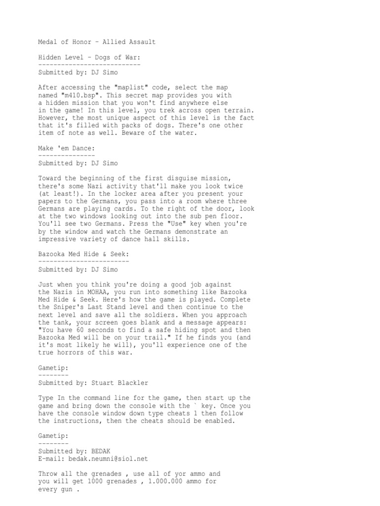 MOHAA Cheat Codes & Secrets | PDF | Video Games | Leisure