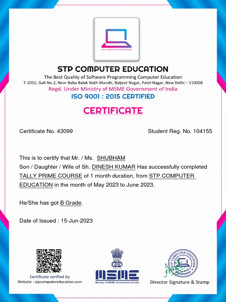 Tally Prime Certificate | PDF
