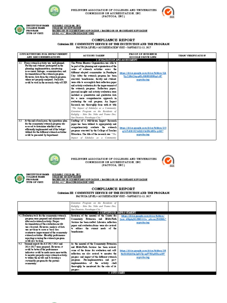 Criterion 3 (Outreach) - Educ Compliance Report | PDF | Evaluation | Business