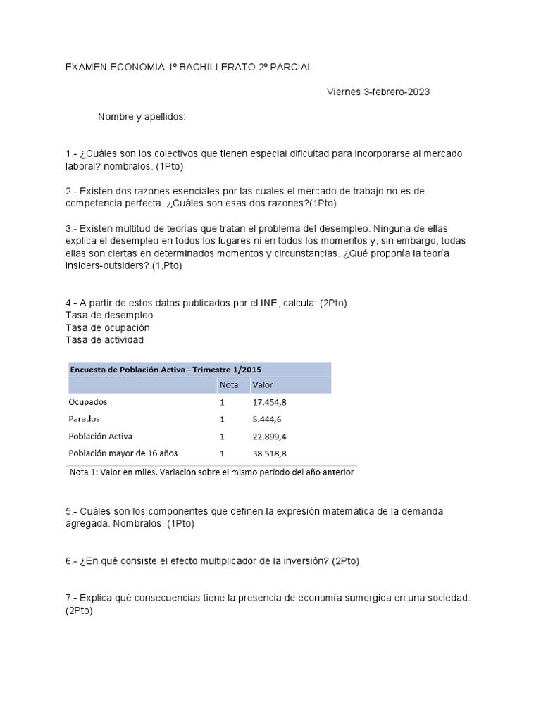 Examen Economia 1º Bachillerato 2º Parcial 2 - Evaluacion | PDF