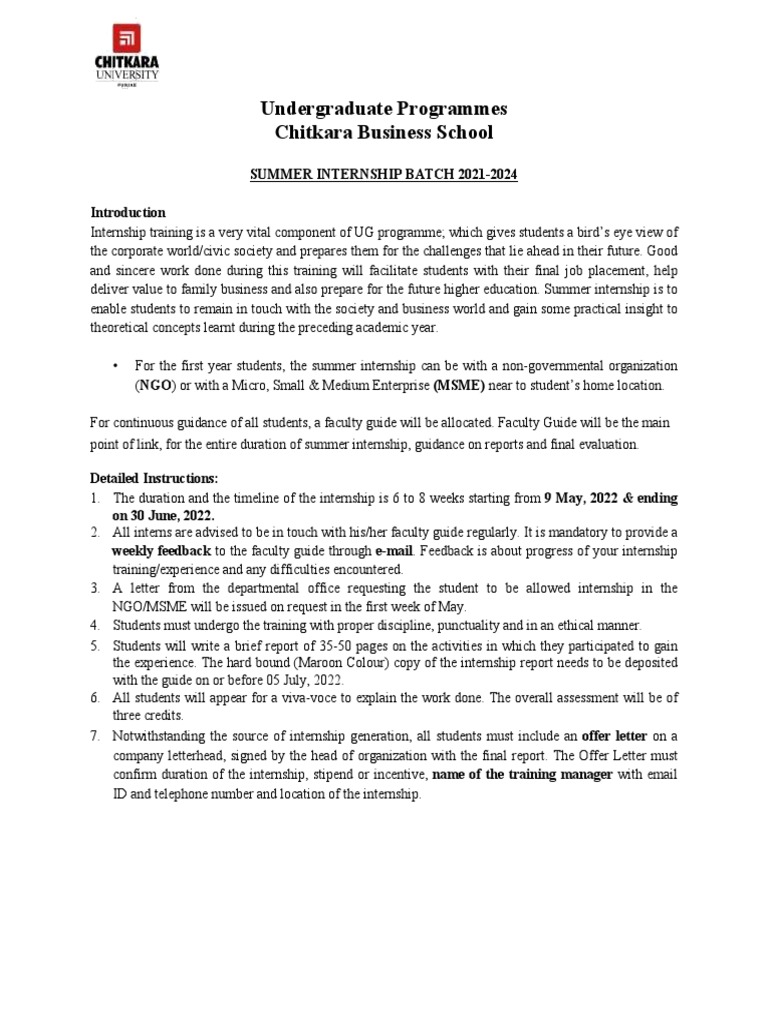 Chitkara Business School 2022 Internship Guide | PDF | Internship | Job Hunting