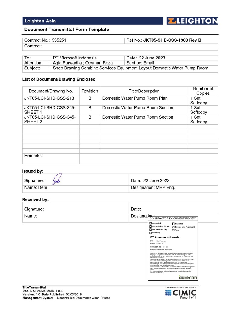 JKT05 SHD CSS 1908 REV B Equipment Layout Domestic Water Pump Room ...