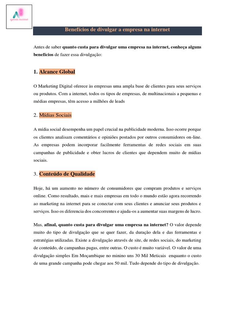 Benefícios de Divulgar A Empresa Na Internet | PDF | Marketing | Internet
