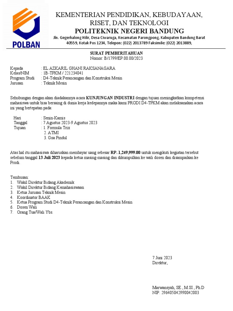 Surat Kunjungan Industri Polban | PDF