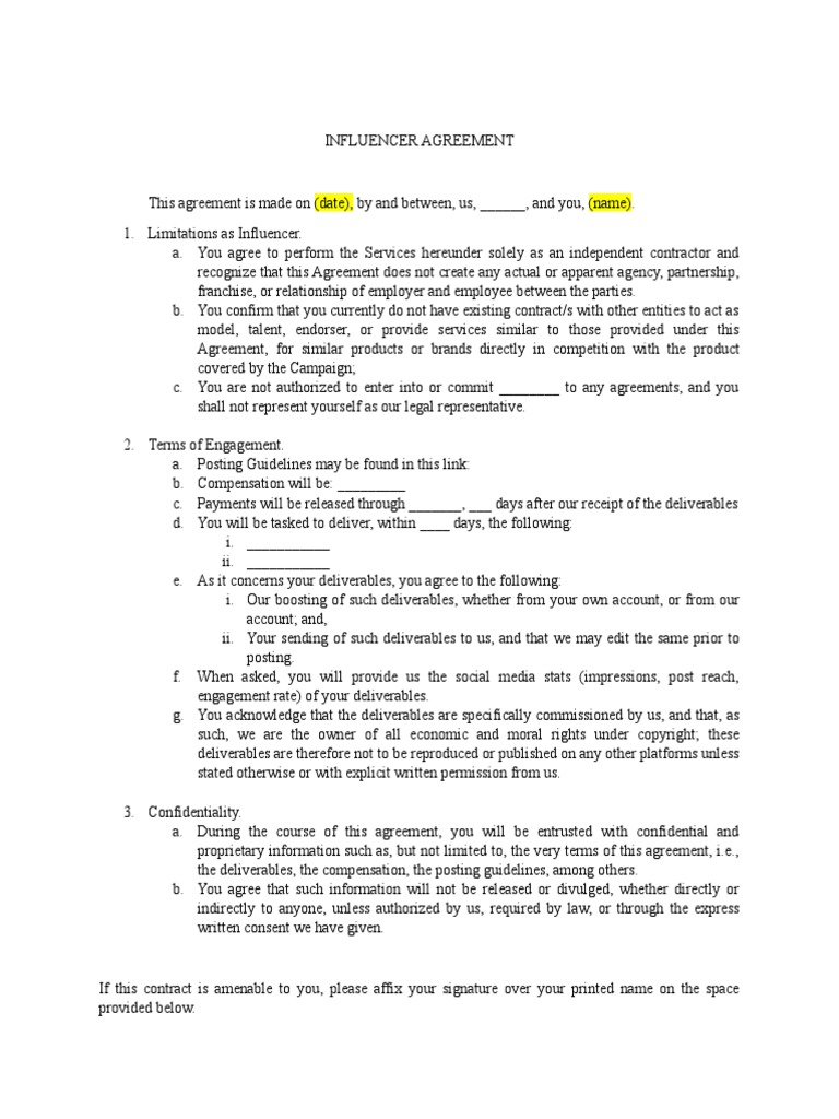 Influencer Agreement Template | PDF | Employment | Business Law